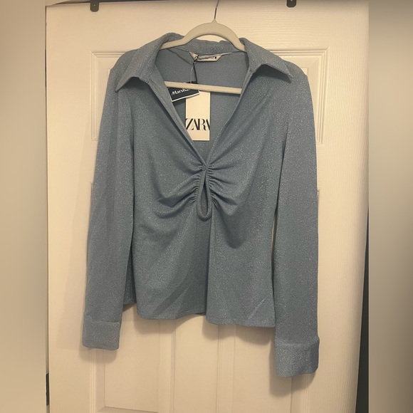Zara | Tops | Zara Knit Light Blue Collared Top | Poshmark